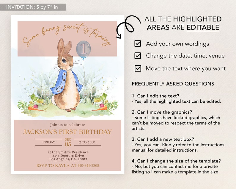 Peter Rabbit First Birthday Invitation Editable Invite - Etsy