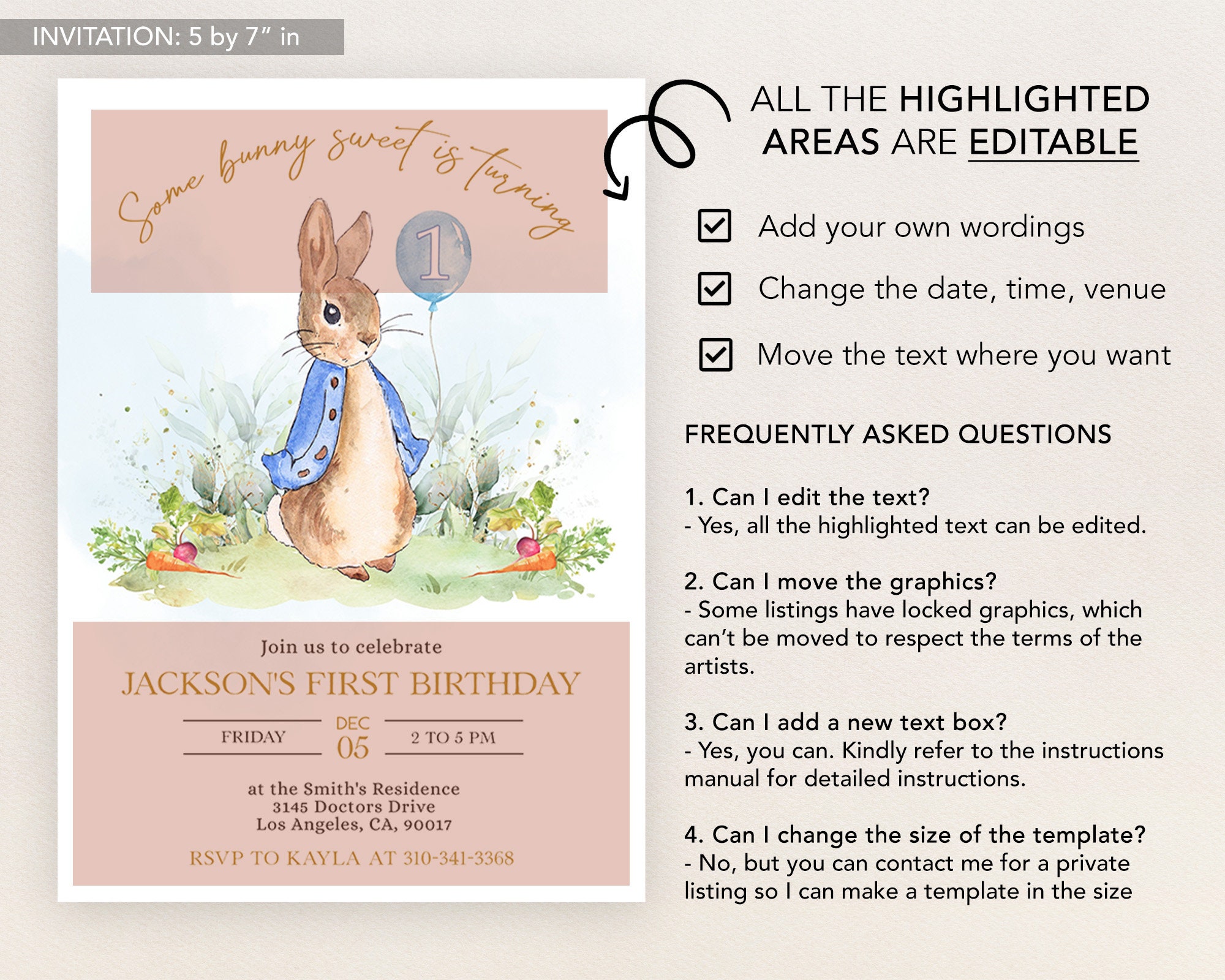 Peter Rabbit First Birthday Invitation Editable Invite - Etsy Australia