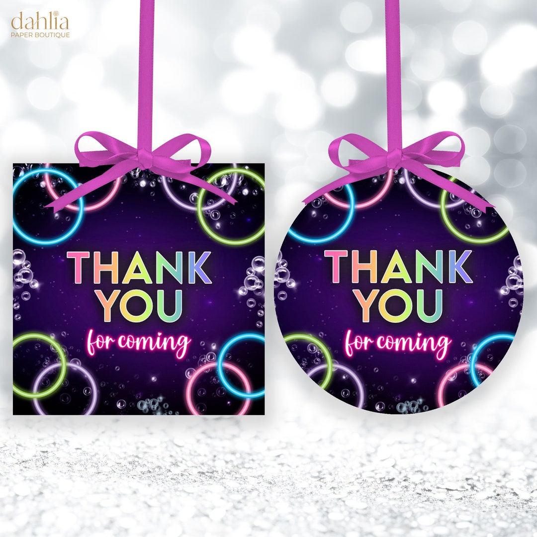 EDITABLE Thank You Round Gift Tag, Glow Foam Party Favor Tag, Neon ...