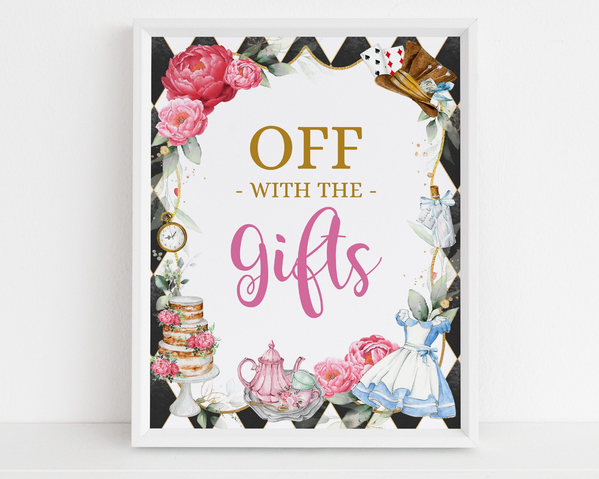 Off With the Gifts Sign, Alice in Wonderland Birthday, EDITABLE ...