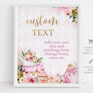 EDITABLE Tea Party Birthday Custom Text Sign, Pink & Gold Par-tea Sign ...