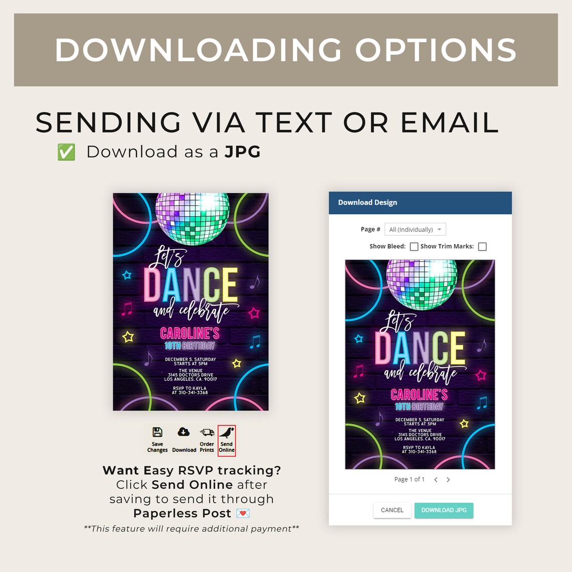 EDITABLE Dance Party Invitation, Disco Birthday Invite, Glow Neon ...