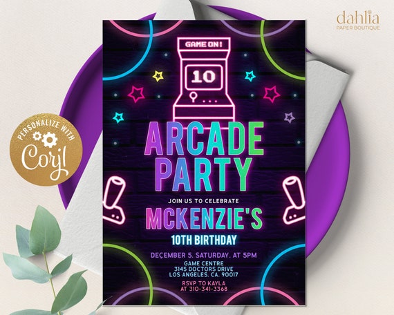 EDITABLE Arcade Party Invitation, Gamer Birthday Invite, Pink Glow Neon ...