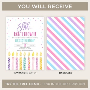 Candle Birthday Invitation, EDITABLE Surprise Party Invite Template ...