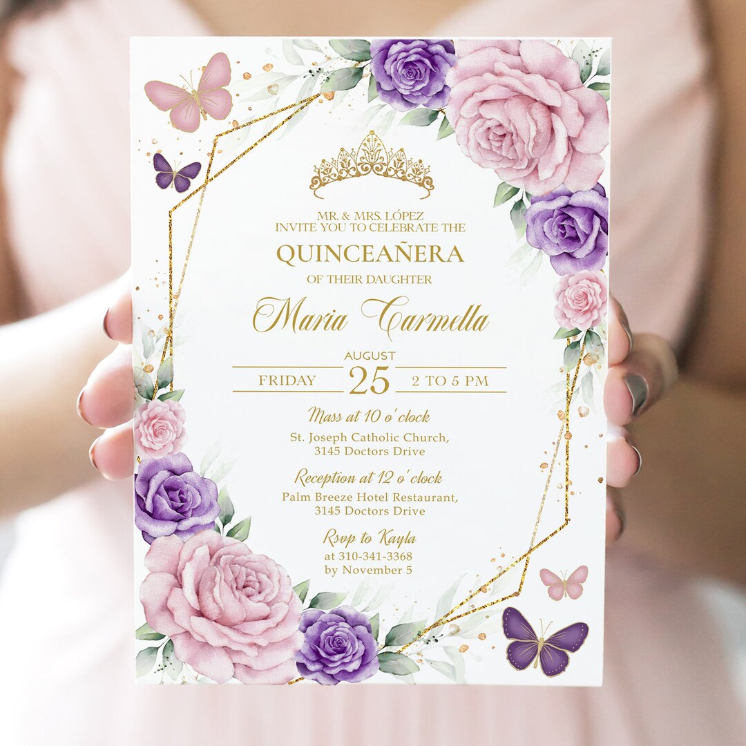 Blush Pink & Purple Quinceañera Invitation, EDITABLE Floral 15th ...