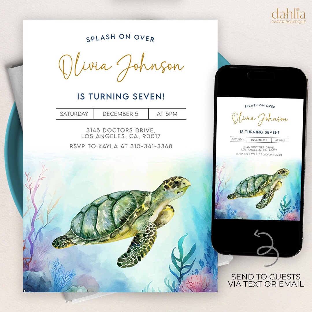 Editable Turtle Birthday Invitation, Under the Sea Party Template ...
