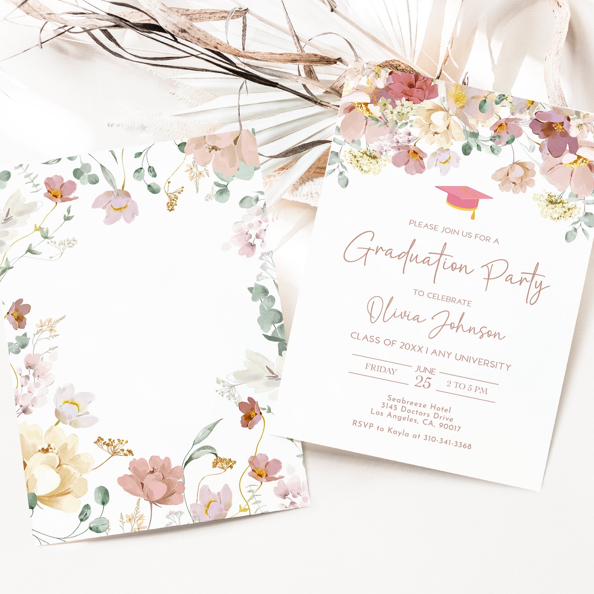 Graduation Party Invitation Template Editable, Wildflower Graduation ...