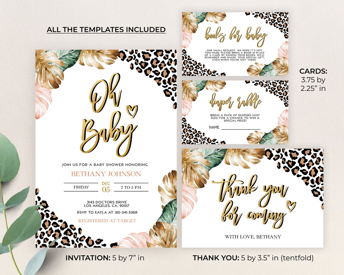 Leopard Baby Shower Invitation Set, EDITABLE Oh Baby Bundle, DIY Safari ...