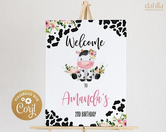 EDITABLE Holy Cow Welcome Sign, Floral Cow Print Birthday Party Decor ...