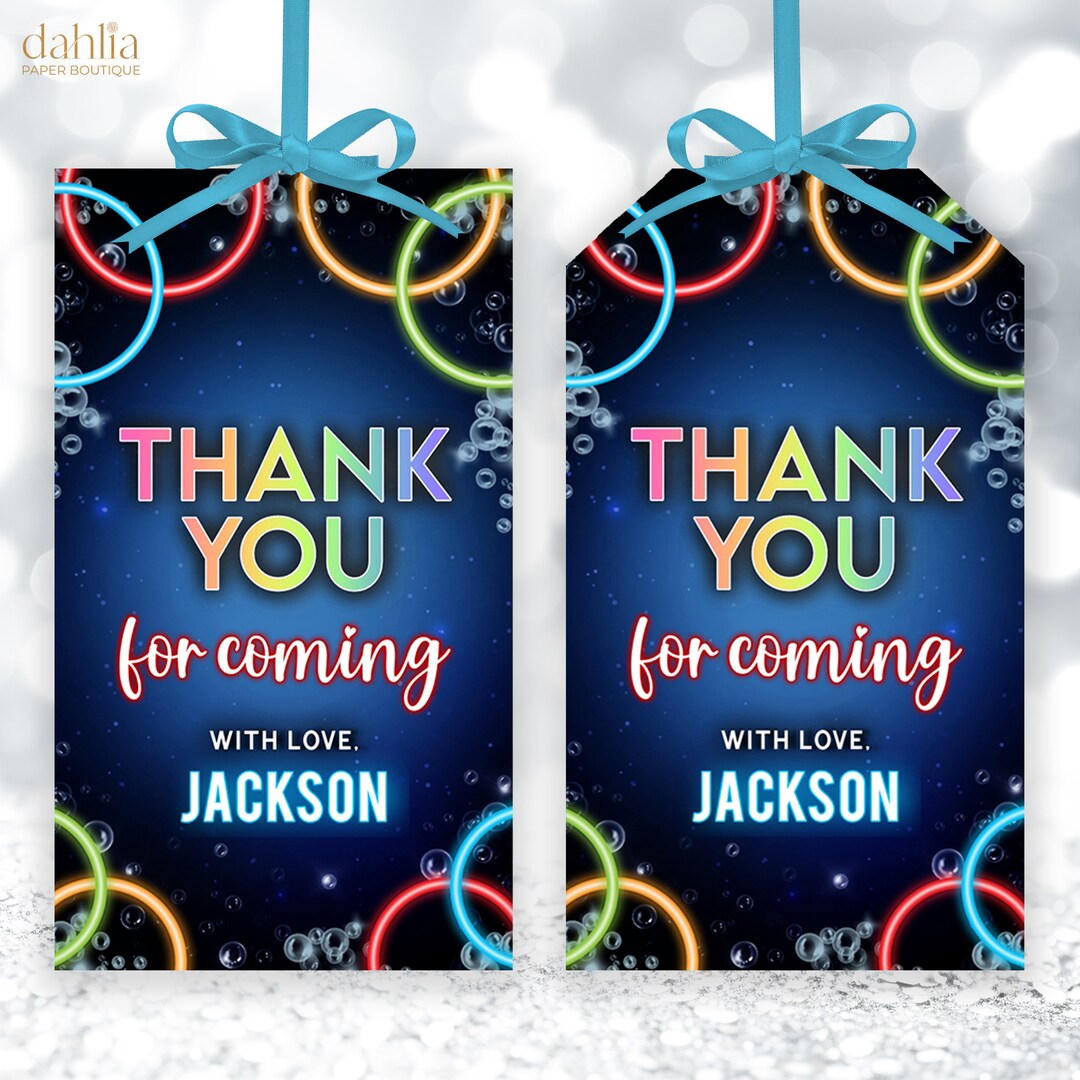 EDITABLE Thank You Gift Tag, Glow Foam Party Favor Tag, Neon Summer ...
