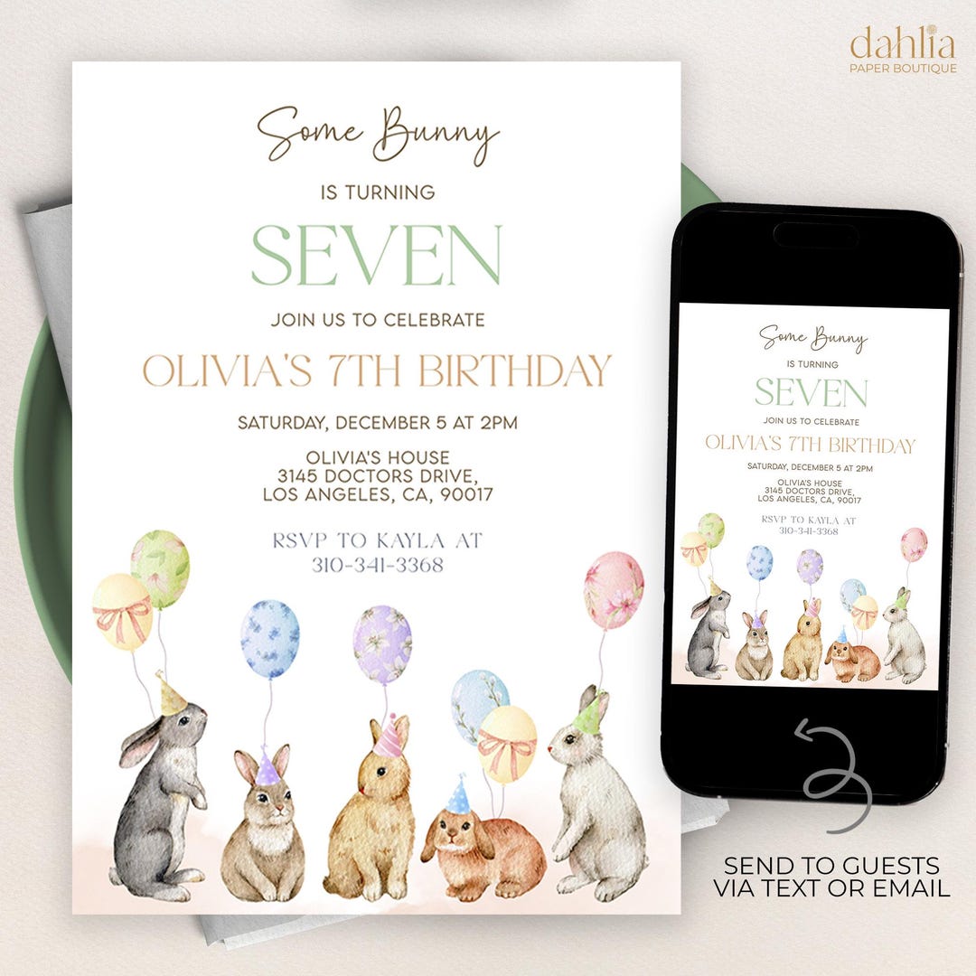 Minimalist Bunny Birthday Invitation, Editable Spring Easter Bunny ...
