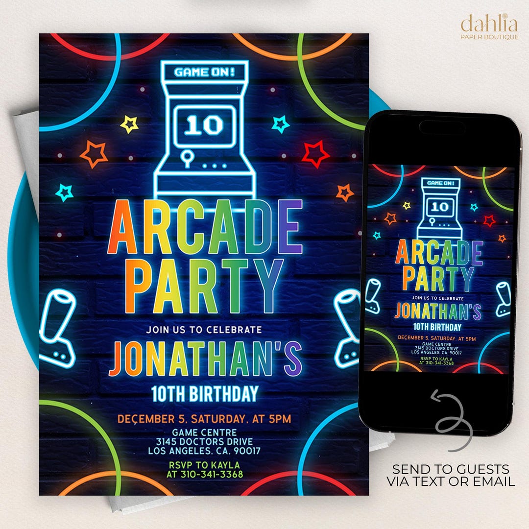 EDITABLE Arcade Party Invitation, Gamer Birthday Invite, Blue Glow Neon ...