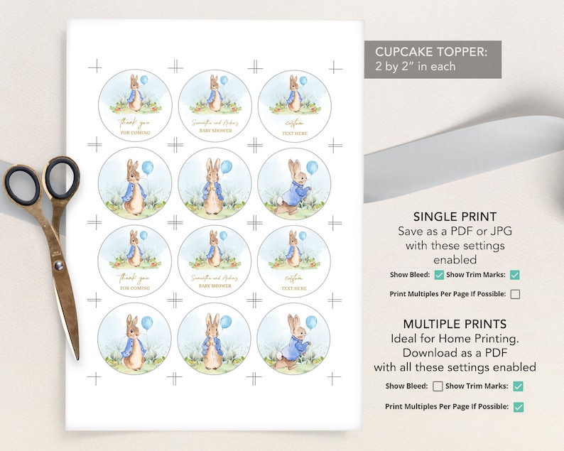 EDITABLE SET OF 6 Peter Rabbit Cupcake Toppers, Rustic Bunny Baby ...