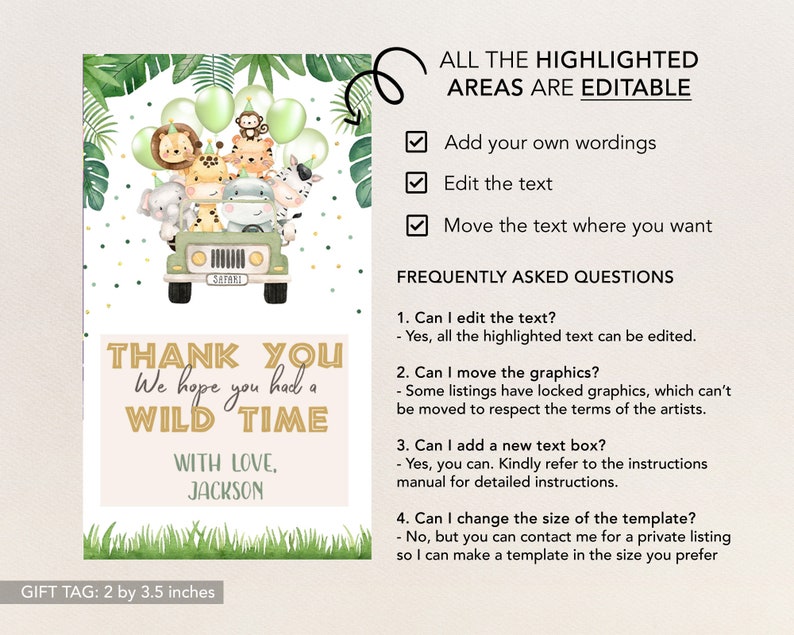 EDITABLE Wild One Birthday Thank You for Coming Gift Tag, Safari ...