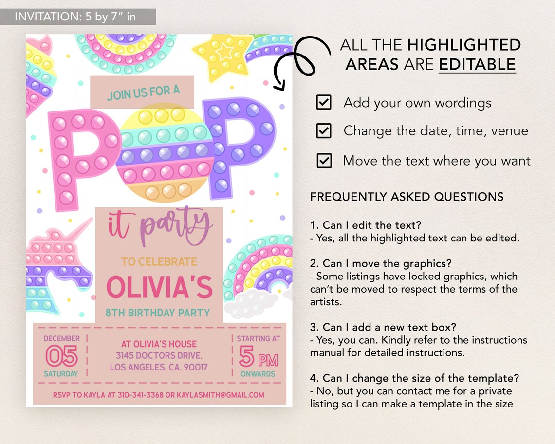 EDITABLE Pop It Birthday Invitation Pop It Party Invitation | Etsy