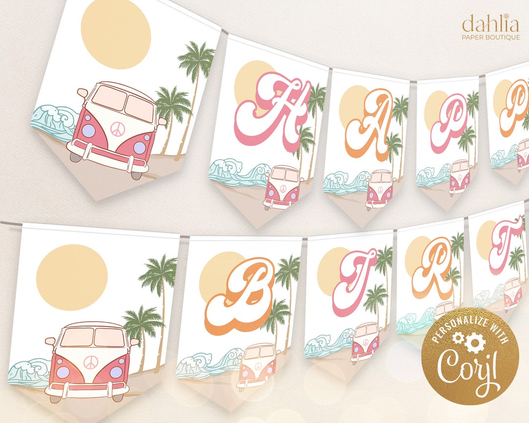 EDITABLE Surf's up Happy Birthday Banner, Retro Van Party Banner ...
