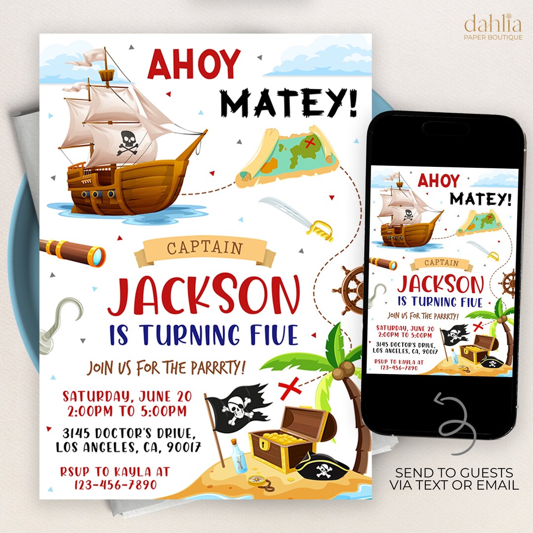 Pirate Birthday Invitation, EDITABLE Pirate Ship Party Invite, Treasure ...