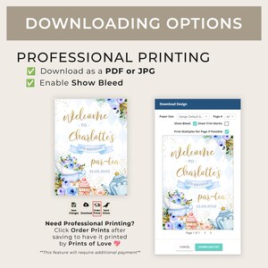 EDITABLE Tea Party Birthday Welcome Sign, Blue & Gold Par-tea Sign ...