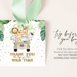 Wild One Birthday Thank You for Coming Gift Tag, Safari Animals Party ...