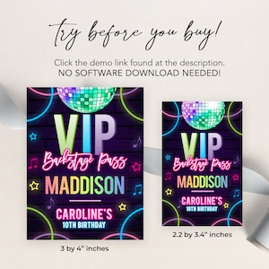 Disco Party VIP Backstage Pass Template, Editable Rainbow Glow Neon VIP ...