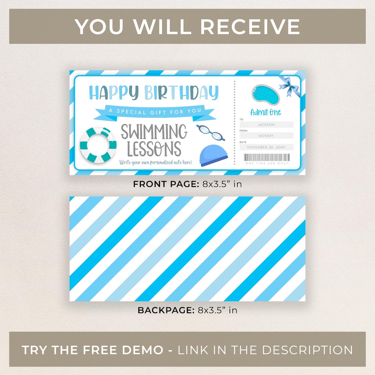 Swim Lessons Gift Certificate, Swimming Classes Ticket Editable ...