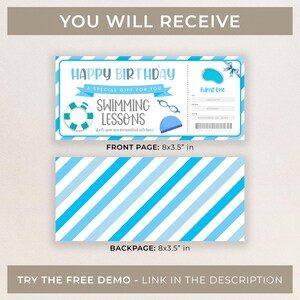 Swim Lessons Gift Certificate, Swimming Classes Ticket Editable ...