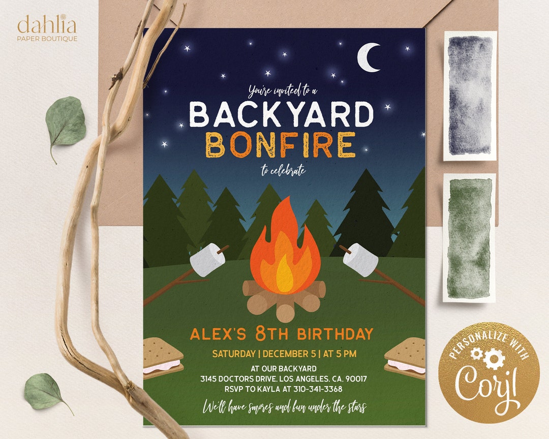 Editable Bonfire Birthday Invitation Template, Bonfire Party Invite, Backyard Bonfire, Camping ...