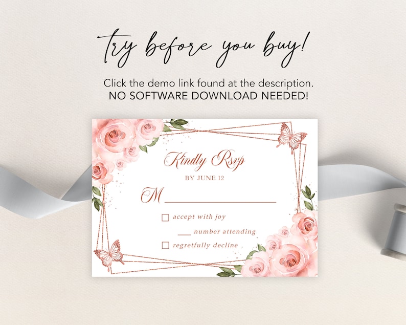 Quinceañera RSVP Card Template, Pink Rose Gold Floral Quince Printable ...