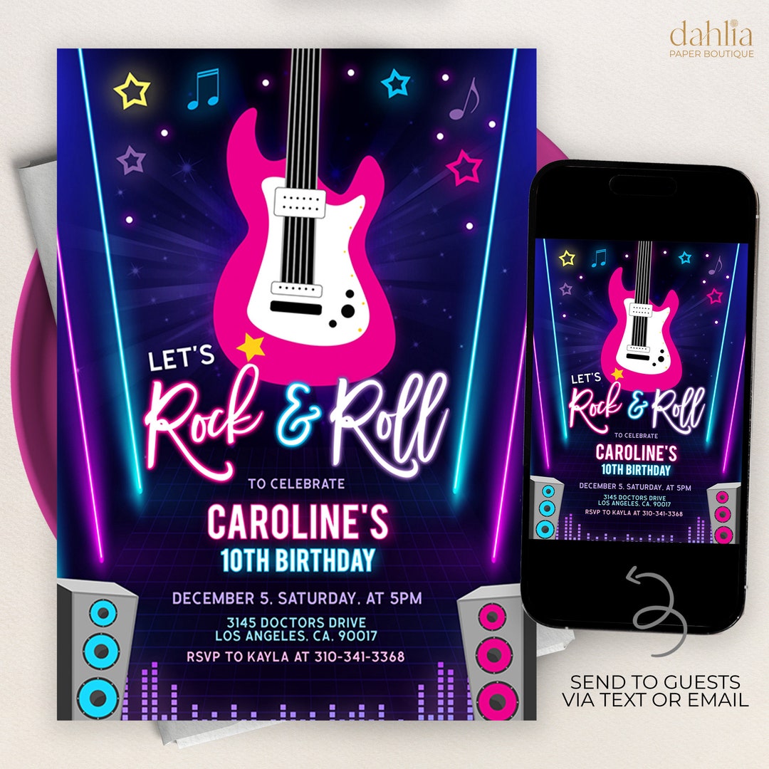 Rock Star Birthday Invitation, Editable Music Party Template, Rainbow ...