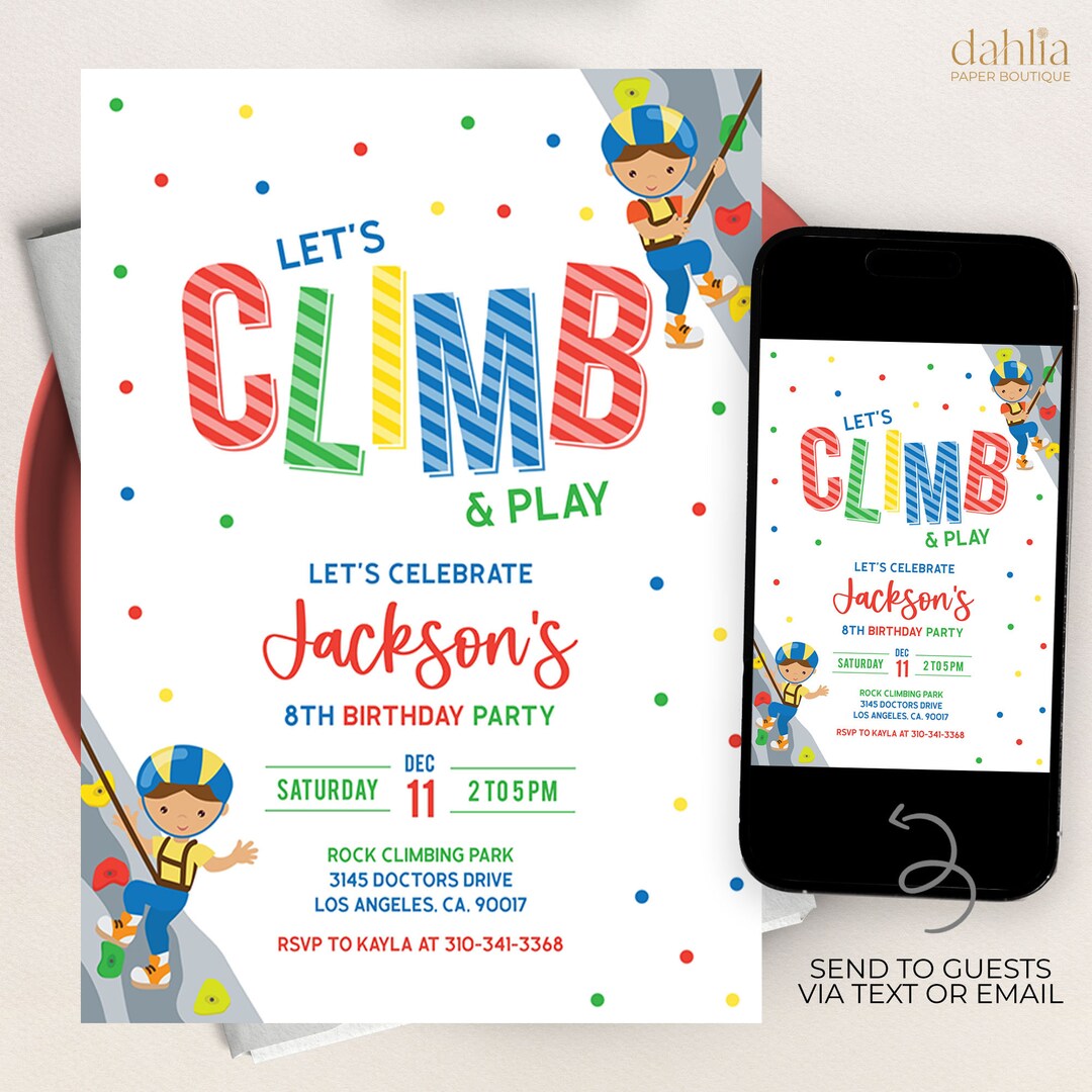 Rock Climbing Birthday Invitation, Editable Indoor Climbing Party ...