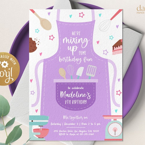 Baking Party Invitation Girl kids Cooking Birthday Invite - Etsy