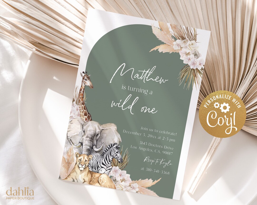Boho Safari Birthday Invitation, Editable Jungle Animal Party Invite ...