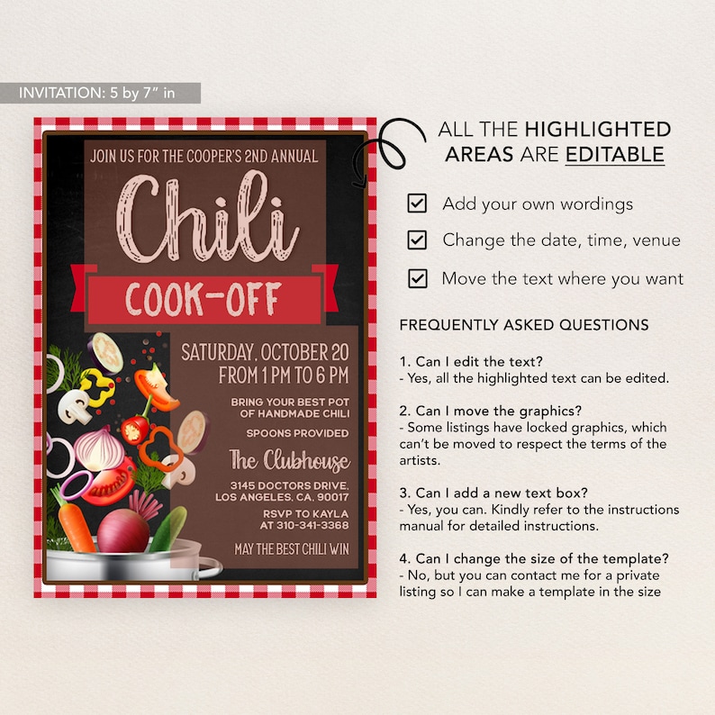 Chili Cookoff Invitation, Editable Chili Tasting Contest Competiton ...