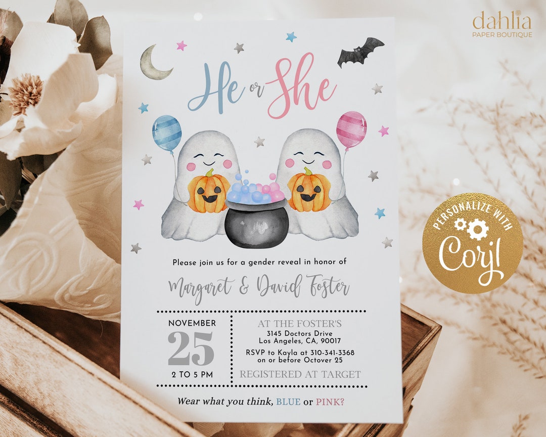 Little Boo Gender Reveal Invitation, Editable Ghost Gender Reveal ...