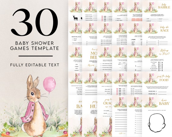 EDITABLE 30 Peter Rabbit Baby Shower Games, Rustic Bunny Game Bundle ...