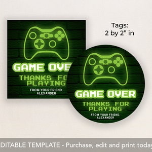 Neon Green Thank You Gift Tags, EDITABLE Video Game Birthday Label ...