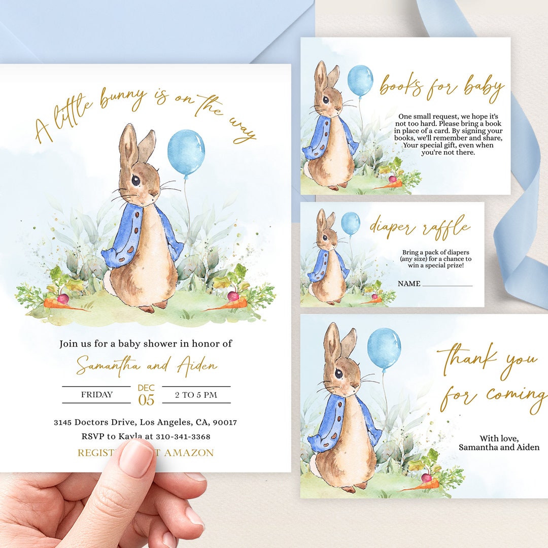 Peter Rabbit Baby Shower Invitation Template Set, EDITABLE Rustic Bunny ...