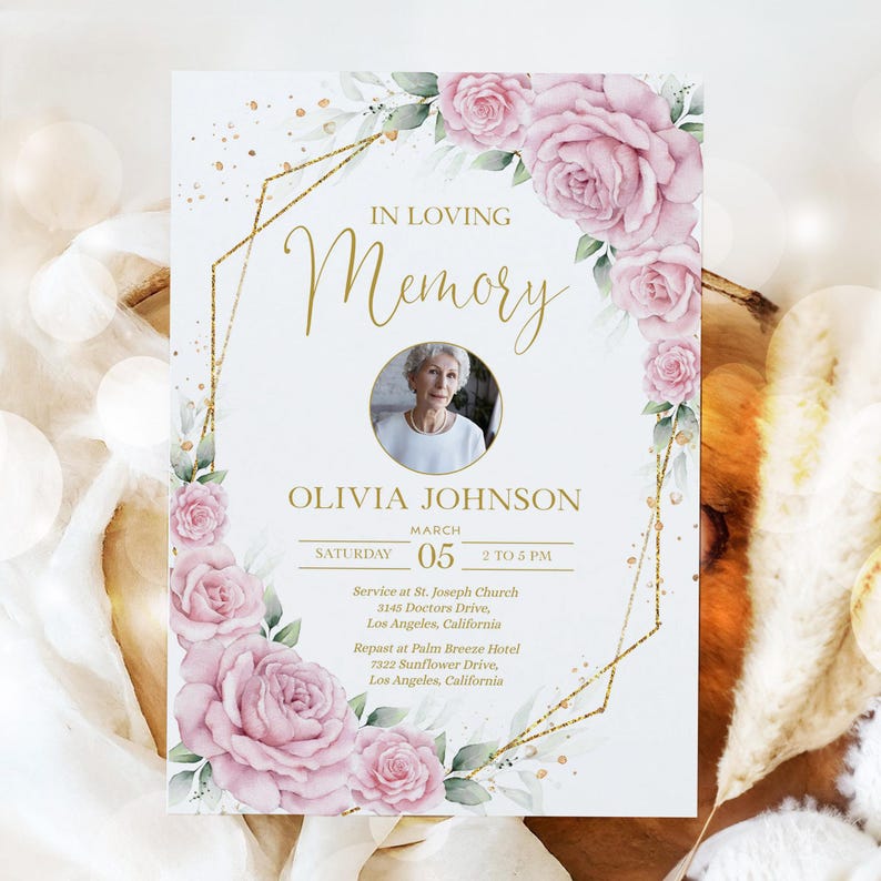 Pink Floral Funeral Invitation, Editable Funeral Announcement Template ...