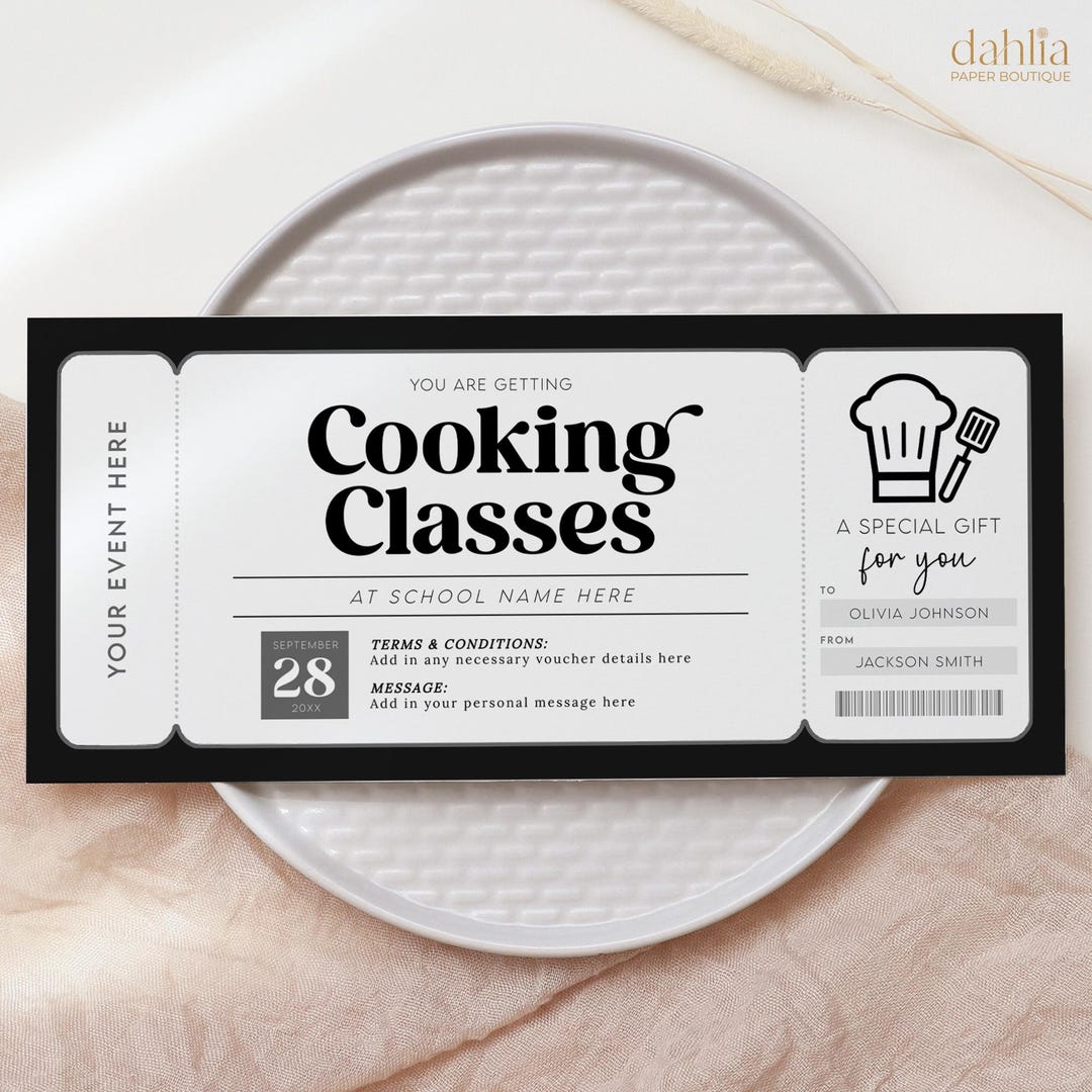 Cooking Class Gift Voucher, Editable Cooking Lesson Ticket Invitation ...