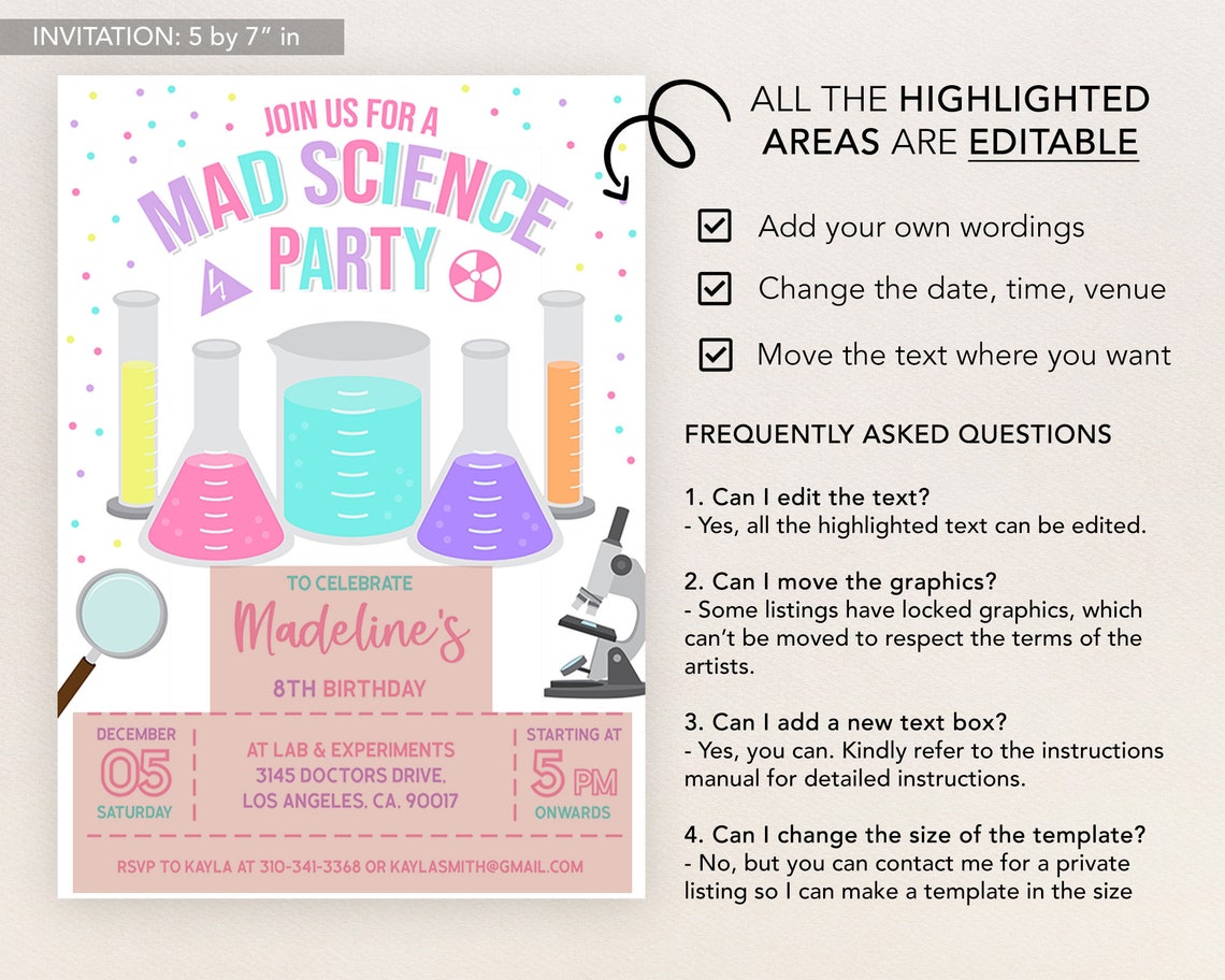 EDITABLE Mad Science Birthday Invitation Girl Science Party - Etsy
