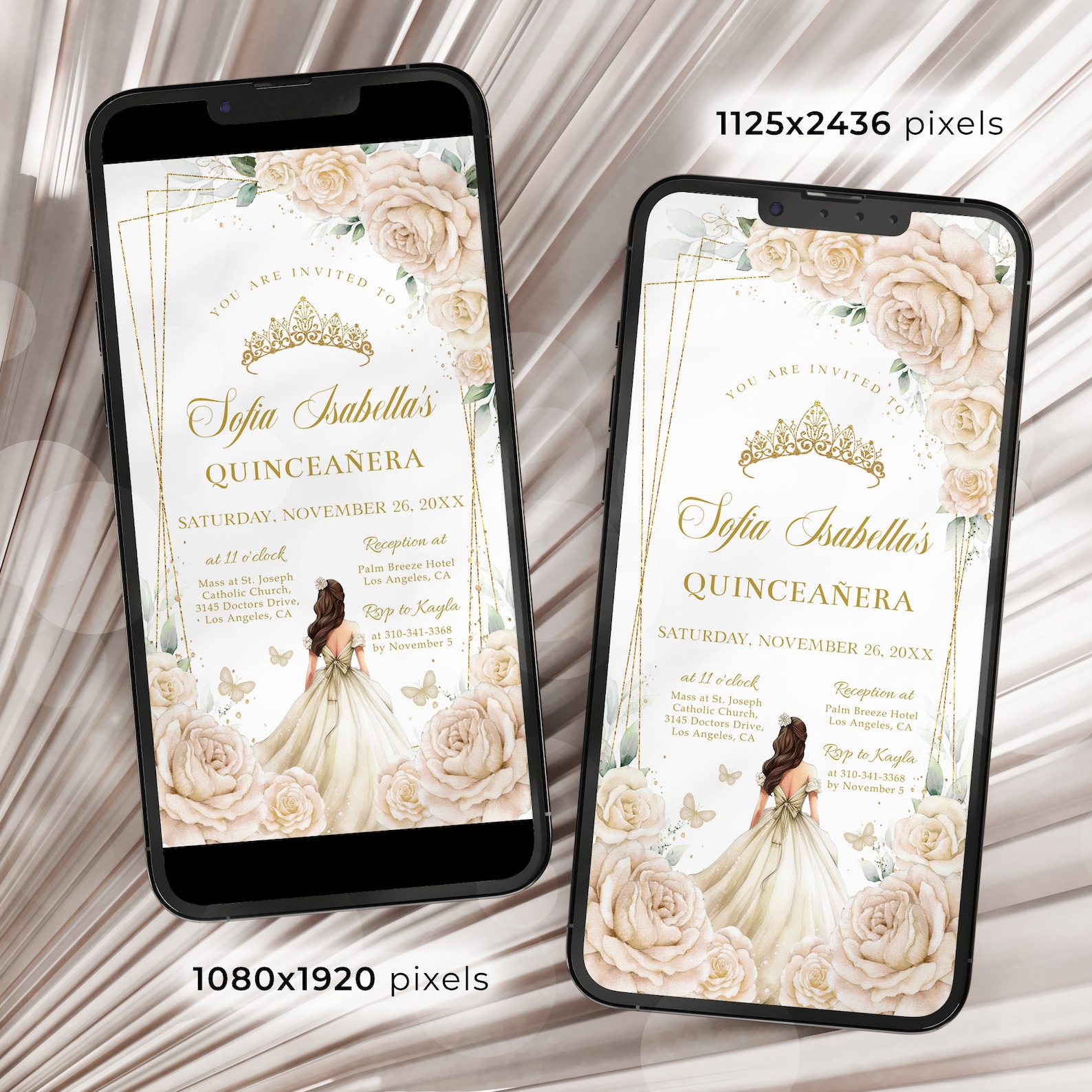Champagne Creme and Gold Quinceañera Digital Invitation, EDITABLE ...