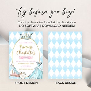 Cinderella Birthday Invitation, EDITABLE Princess Party Invite Template ...
