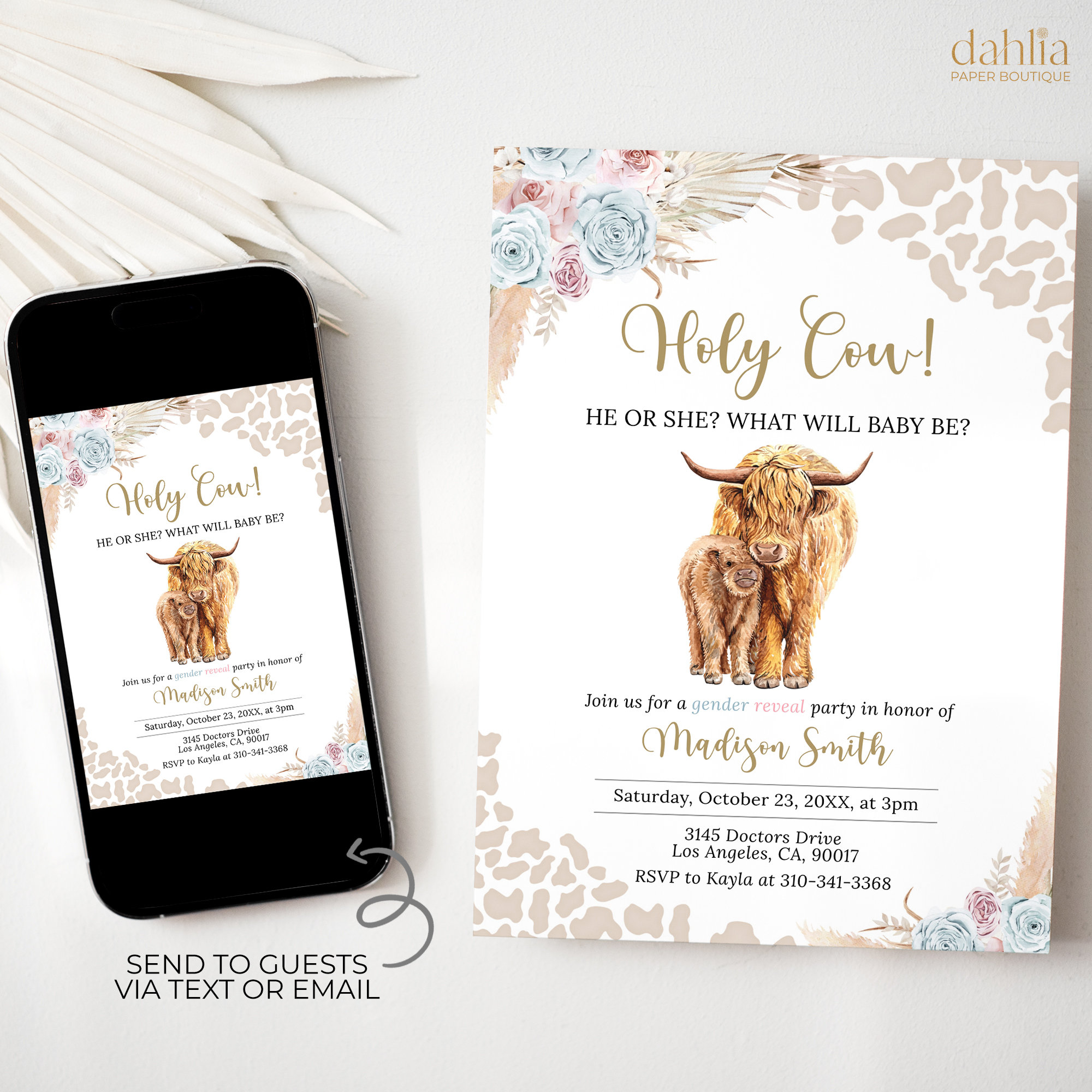 Holy Cow Gender Reveal Invitation, EDITABLE He or She Template, Floral ...