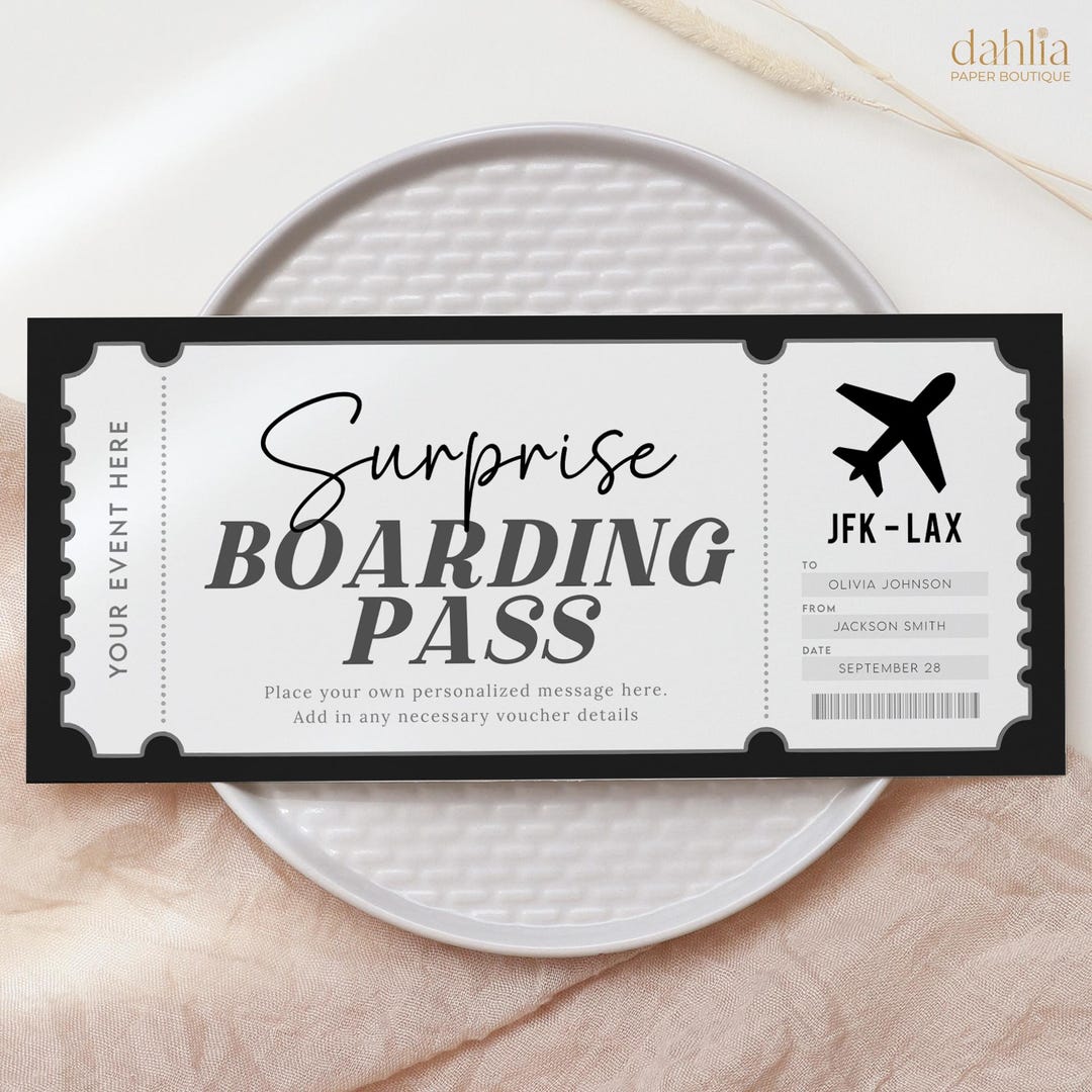Boarding Pass Ticket, Editable Surprise Trip Gift Voucher, Airline ...