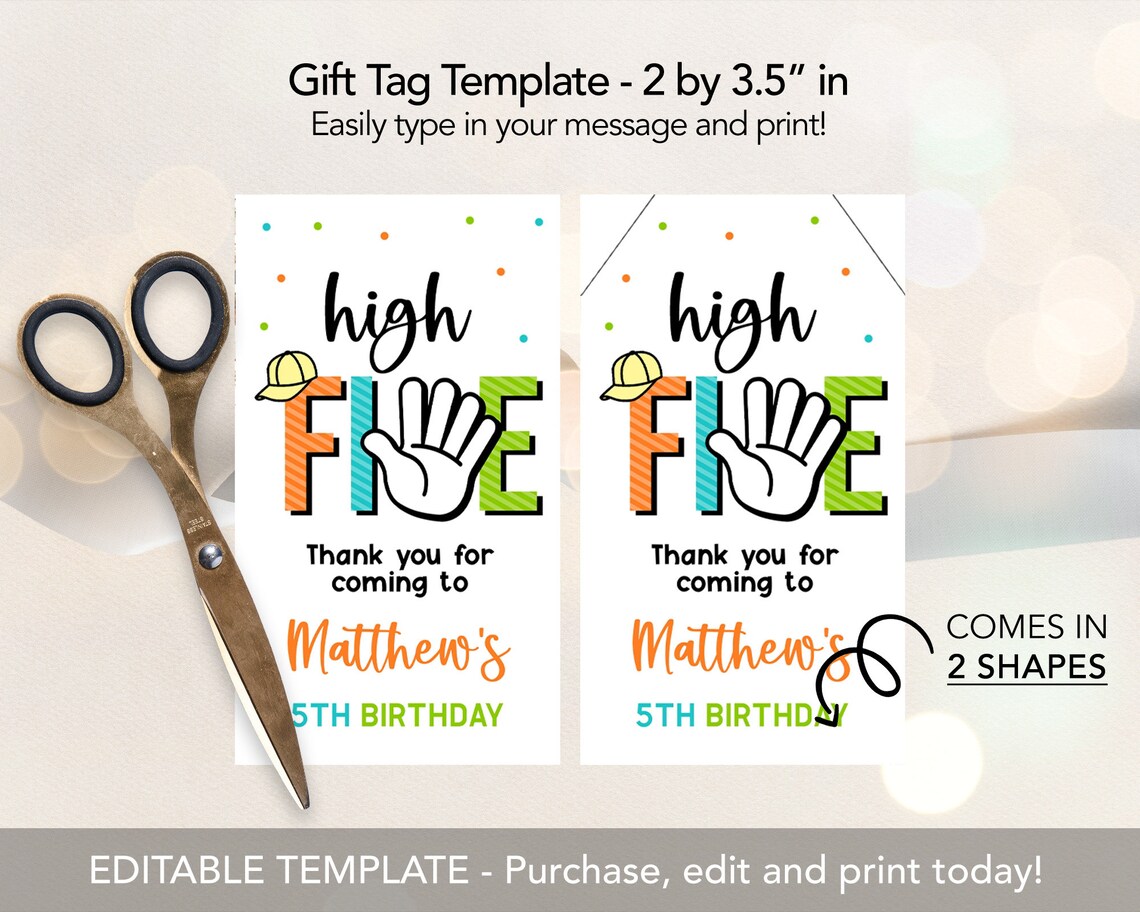 EDITABLE High Five Birthday Thank You for Coming Gift Tag, Printable Hi ...