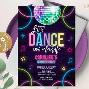 EDITABLE Dance Party Invitation, Disco Birthday Invite, Glow Neon ...