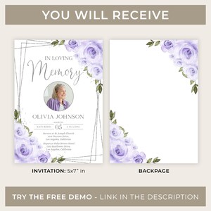 Funeral Invitation Template, Editable Lilac Purple Floral Funeral ...