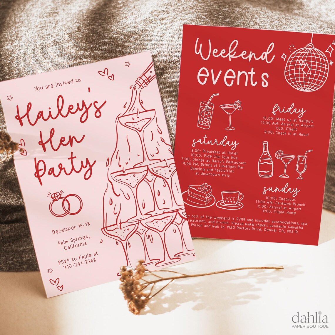 Hand Drawn Hen Party Invite & Itinerary Template, Editable Red Quirky ...