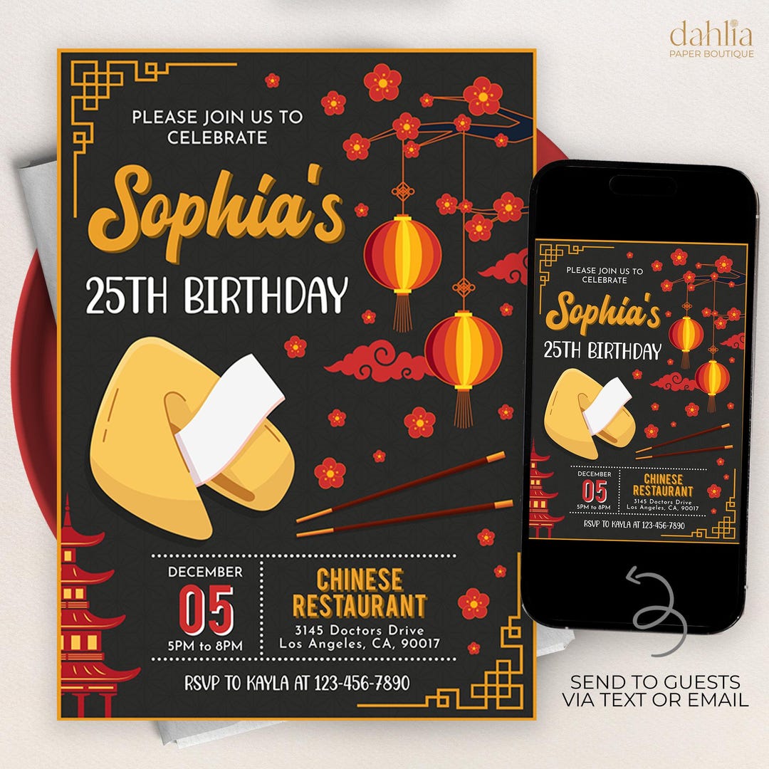 Chinese Restaurant Birthday Invitation, EDITABLE Fortune Cookie Party ...