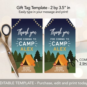 EDITABLE Camping Birthday Gift Tag, Camping Party Favor Template, Thank ...